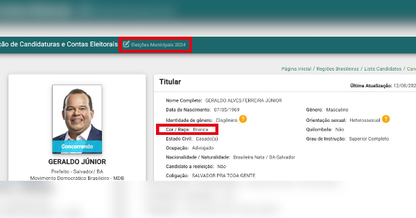 Geraldo Júnior muda autodeclaração de cor/raça e passa de "pardo" para ...
